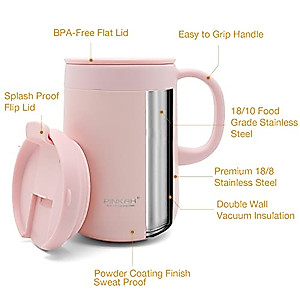 PINKAH Stainless Steel Coffee Mug with Lid and Handle, Double Wall Vacuum Insulated Cup, 16oz, Pink
