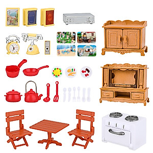 26pcs Miniature Dollhouse Furniture, 1:12 Doll House Furniture Table Chair TV Cabinet Set, Kitchen Pretend Play Toys with Cooktop Kettle, Mini Dollhouse Accessories for Birthday Christmas Party Gift