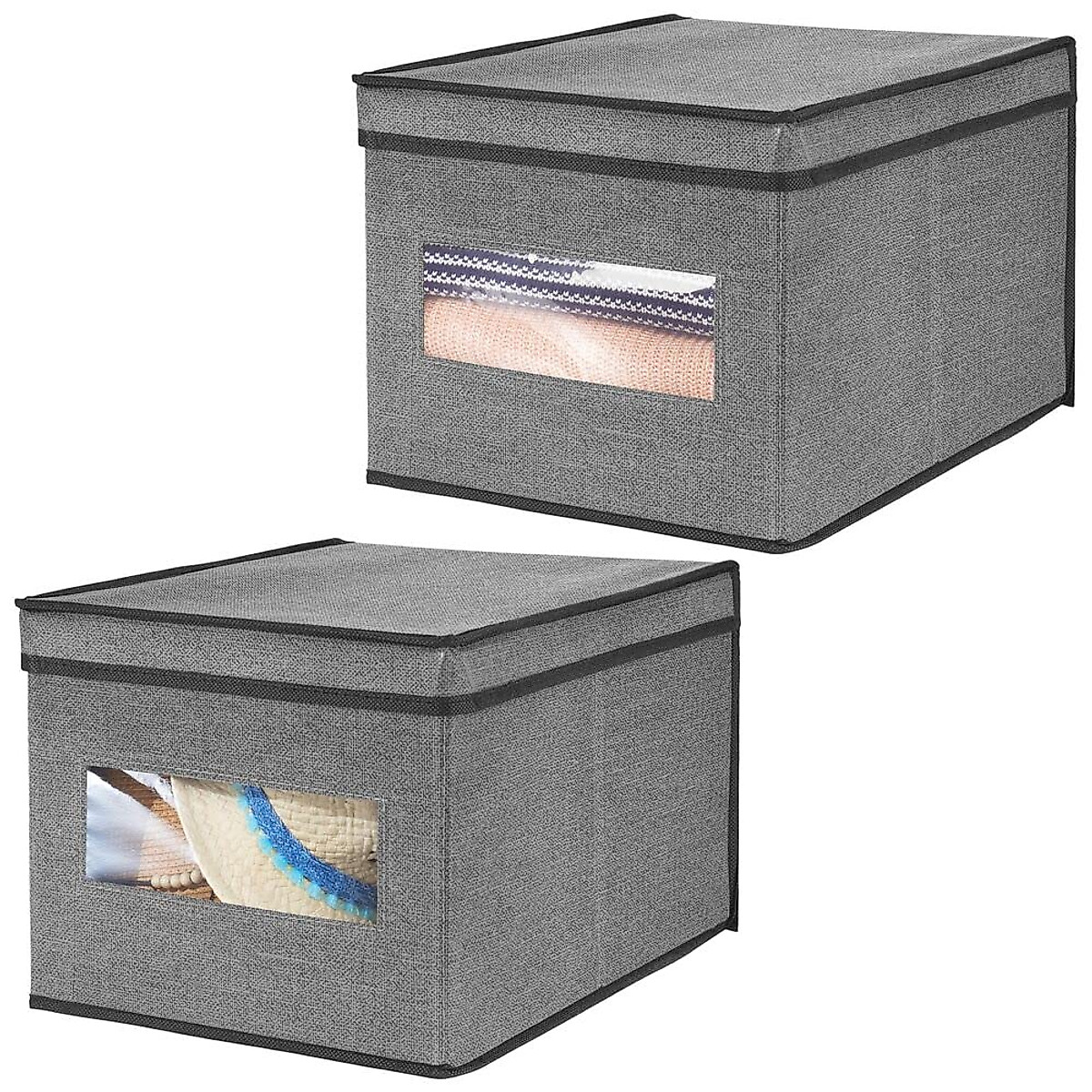 mDesign Large Fabric Stackable Closet Organizer Box with Clear Window/Lid for Bedroom, Office, Bathroom, Mudroom Organization - Shoe, Sweater, Clothes Storage, Lido Collection, 2 Pack, Dark Gray/Black