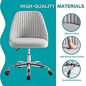 HOMEFLA Home Office Desk Chair, Modern Linen Fabric Chair Adjustable Swivel Task Chair Mid-Back Cute Upholstered Armless Computer Chair with Wheels for Bedroom Studying Room Vanity Room (Light Grey)