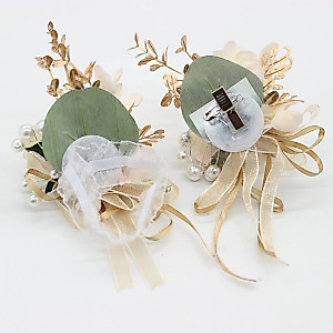 YOKOKE Corsage and Boutonniere Set, Handmade Artificial Peony Rose Wrist Corsage Wristlet and Groom Boutonniere for Men Wedding Prom Suit Decorations (Champagne Cream Gold)