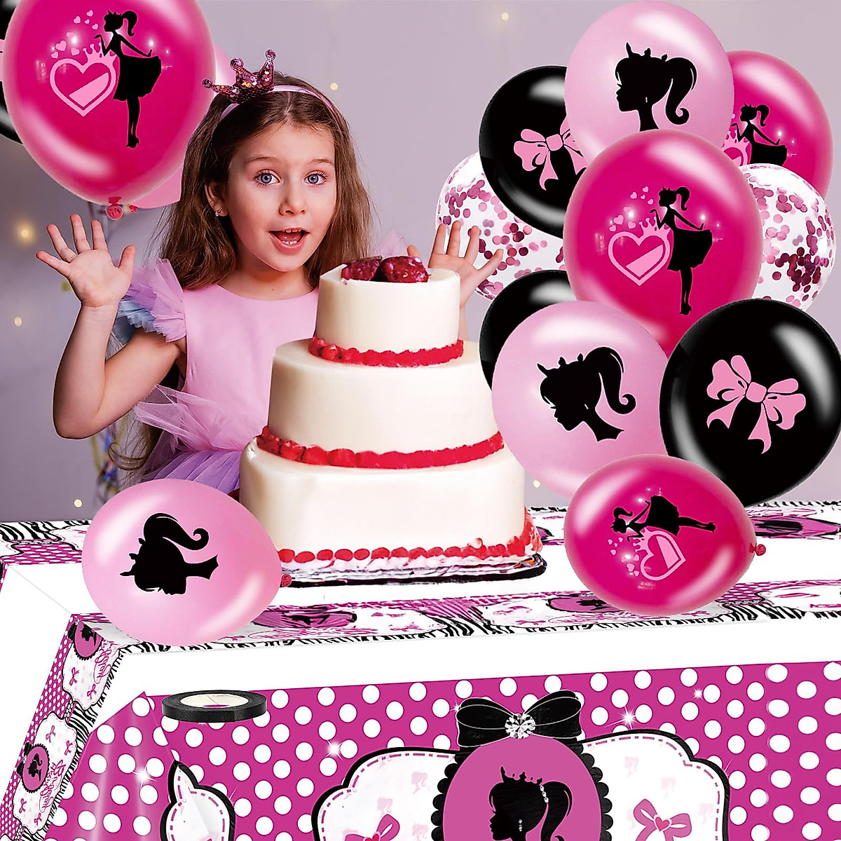 DPKOW Princess Balloons Pink Girls Balloons Hot Pink Latex Balloons Black Pink Confetti Balloon Bulk Cute Fairy Princess Party Decorations Supplies for Kids Girls Birthday Decor Baby Shower, 32pcs