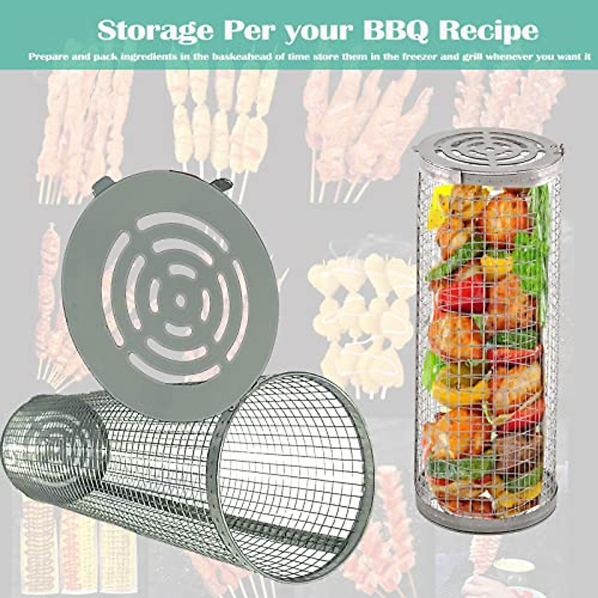 2pcs Rolling Grilling Basket - Stainless Steel BBQ Grill Mesh for Vegetables, Fish and French Fries, Round Stainless Steel Grill Mesh (Pack of (M+L))