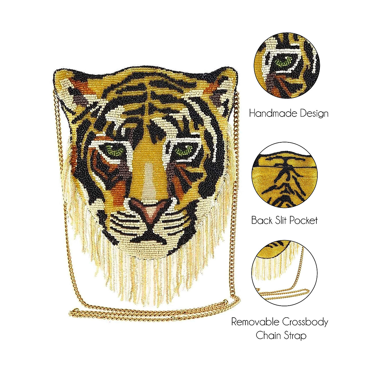 Mary Frances Accessories – Crossbody Handbag – Rajah Tiger Beaded Purse for Women – 8 in. x 0.5 in. x 8 in
