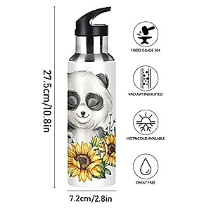 Little Panda Sunflower Water Bottle Kids Thermos Bottle with Straw Lid Kids Insulated Stainless Steel Water Flask Leakproof Thermos Bottle for Gym Outdoor 20 oz