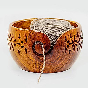 Rosewood Crafted Wooden Yarn Storage Bowl with Carved Holes & Drills | Knitting Crochet Accessories | Nagina International (XL)