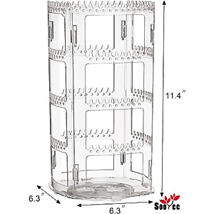 Sooyee 360 Rotating Earring Holder and Jewelry Organizer, 4 Tiers Jewelry Rack Display Classic Stand, 156 Holes and 160 Grooves for Necklaces Earrings Piercings, Clear