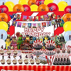 Robot Birthday Party Supplies for kids, 166Pcs Blocks Video Game Party Favors Decorations Tableware for Boys Girls, Happy Birthday Banner Cake Toppers Balloons Hats Plates Cups Napkins Tablecloth Photo Background Decor