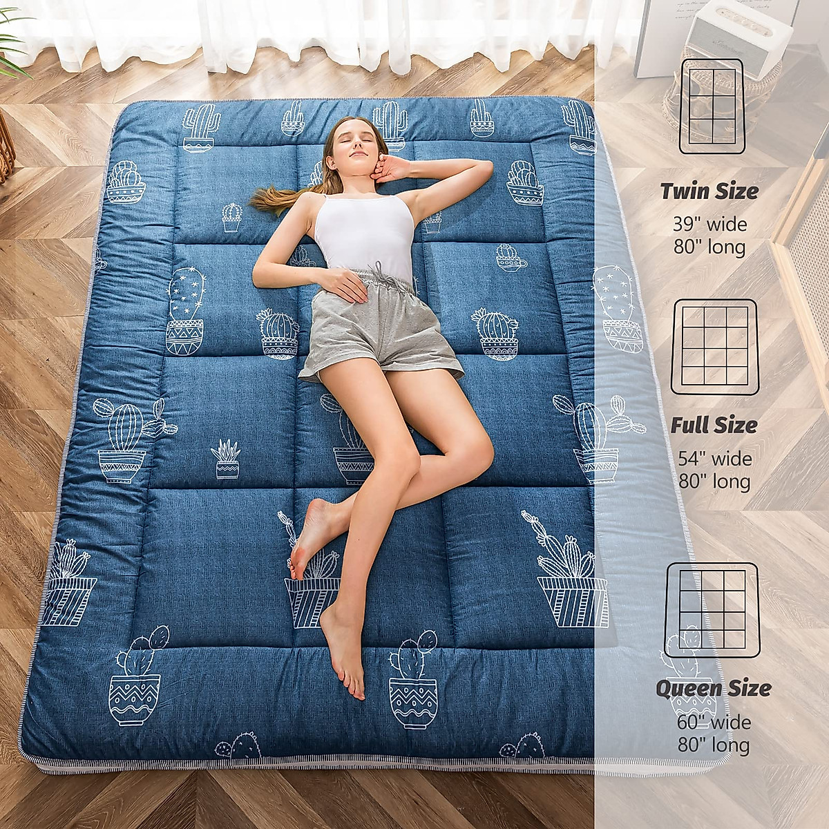 MAXYOYO Futon Mattress, Grey Cactus Pattern Japanese Floor Mattress Queen Size, Quilted Bed Mattress Tatami Mattress, Extra Thick Folding Sleeping Pad Breathable Guest Bed for Camping Couch
