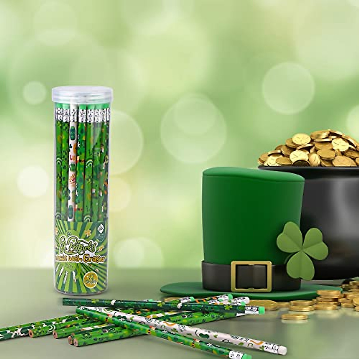 ADXCO 36 Pieces St Patrick's Day Pencils Green Shamrock Pencils with Erasers and Pencil Bucket Irish Pencils for St. Patrick's Party Favors Supplies, School, Classroom, 12 Styles