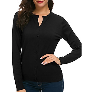 Urban CoCo Women's Long Sleeve Crew Neck Button Down Knit Cardigan Sweater (S, Black)
