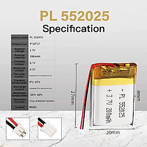 YDL 3.7V 200mAh 552025 Lipo battery Rechargeable Lithium Polymer ion Battery Pack with PH2.0mm JST Connector