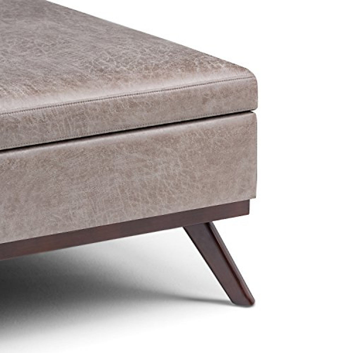 SIMPLIHOME Owen 36 Inch Wide Mid Century Modern Square Coffee Table Lift Top Storage Ottoman in Upholstered Distressed Grey Taupe Faux Leather, For the Living Room