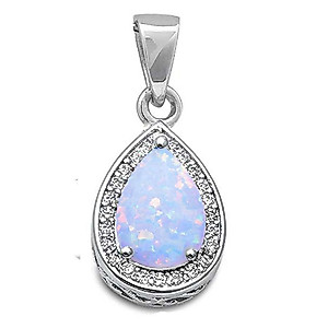 Oxford Diamond Co Sterling Silver Lab Created White Opal Pear Shape Drop Pendant