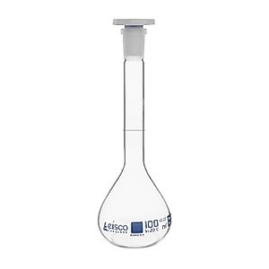 EISCO Volumetric Flask, 100ml - Class B - 14/23 Polyethylene Stopper, Borosilicate Glass - Blue Graduation, Tolerance ±0.200