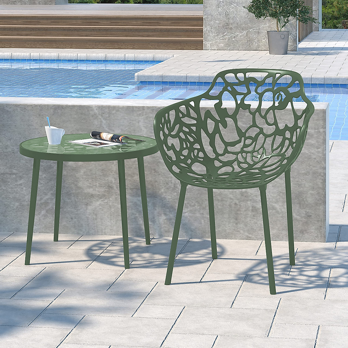 LeisureMod Devon Modern Aluminum Indoor-Outdoor Stackable Patio Dining Armchair, Khaki Green