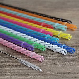 Dakoufish 12 Piece 13 Inch Reusable Plastic Thick Drinking Straws BPA Free Mason Jar Straws Transparent Small Stripe (13inch, Mix 12color)