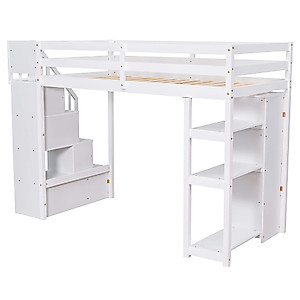Twin Loft Bed with Stairs and Storage Drawers, Wood Loft Beds Frame with Shelves and Bookcase, Modern High Loft for Kids Boys Girls Teens, Twin Size, White