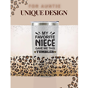 Onebttl Aunt Gifts from Niece, Insulated Stainless Steel Wine Tumbler with Lid and Straw, for Auntie on Mother’s Day, Birthday, Christmas, 20 oz, Gliter Silver, My Favorite Niece gave me this tumbler