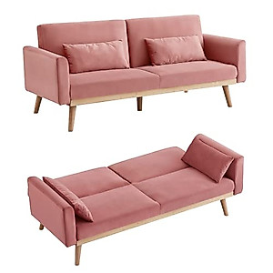 AWQM Velvet Futon Sofa Bed, Memory Foam Couch Set, Upholstered Modern Daybed Convertible Folding Loveseat Recliner with Pillows and Wooden Frame for Compact Living Room, Apartment, Dorm, Office (Pink)