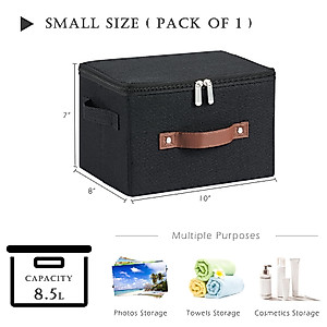VinneGenzz Storage Bins with Zipper Lid Cotton Linen Fabric Lidded Storage Baskets Boxes Foldable Washable Closet Shelf Clothes Organizer Container with PU Leather Handles (Black, Small Size)