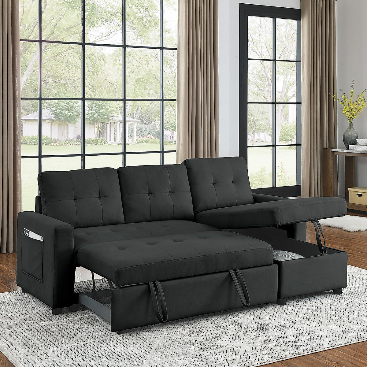 Sectional Couch,78.5 Inch Convertible 3-Seater Pull Out Sleeper Sofa Bed,Comfy Upholstered L-Shaped Couch,Modern Modular Sofa with Reversible Storage Chaise for Living Room/Apartment/Office(Black)