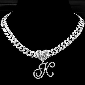 PTJDSMF Cursive Silver Initial Pendant Necklaces Alphabet Pendant Miami Cuban Link Chain Necklace for women Hip Hop Iced Out Letter Chain with Pendant Jewelry … (Cuban Link Chain K)