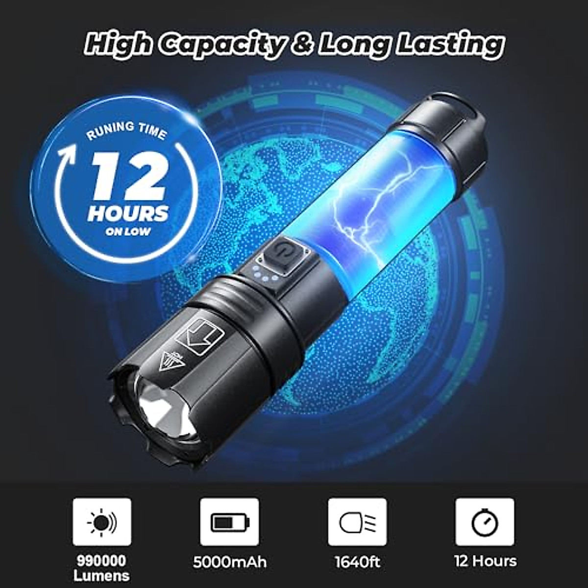 lemihui Rechargeable LED Flashlight High Lumens, 990,000 Lumens Bright Powerful Flashlight, 5 Modes, IPX6 Waterproof Handheld Flash Light for Camping Hiking