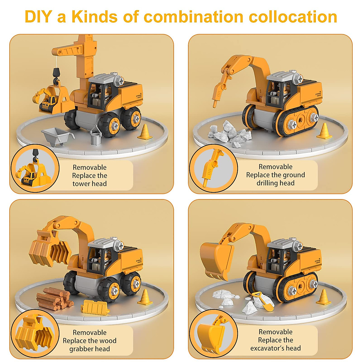 Construction Truck Toys for 3 4 5 6 Years Old Toddlers Kids Boys and Girls, STEM Take Apart Toys Cars with Electric Drill, 4 in 1 Construction Vehicles Crane Excavator Drilling Car Timber Grab Truck