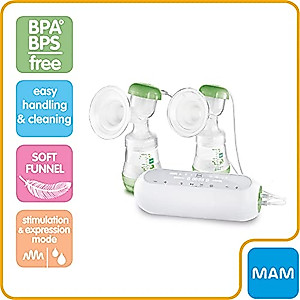 MAM 2-in-1 Double Electric Breast Pump & Manual Breast Pump, Portable Breast Pump with 2 Easy Start Anti-Colic Bottles & Breastfeeding Supplies