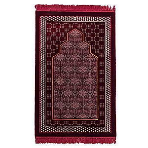 Modefa Turkish Islamic Prayer Rug - Comfortable Muslim Praying Mat for Men & Women - Soft Velvet Janamaz Praying Carpet - Ramadan or Eid Gift - with Kufi & Beads - Lux Plush Geometric Mihrab (Red)