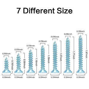Drywall Screws Assortment Kit, Self Tapping Screws for Plastic, Wood, Drywall, Metal, Flat Head Screws, Multi Purpose Blue Carbon Steel, M6, 7 Different Sizes, 280pcs, Screw Set Assortment