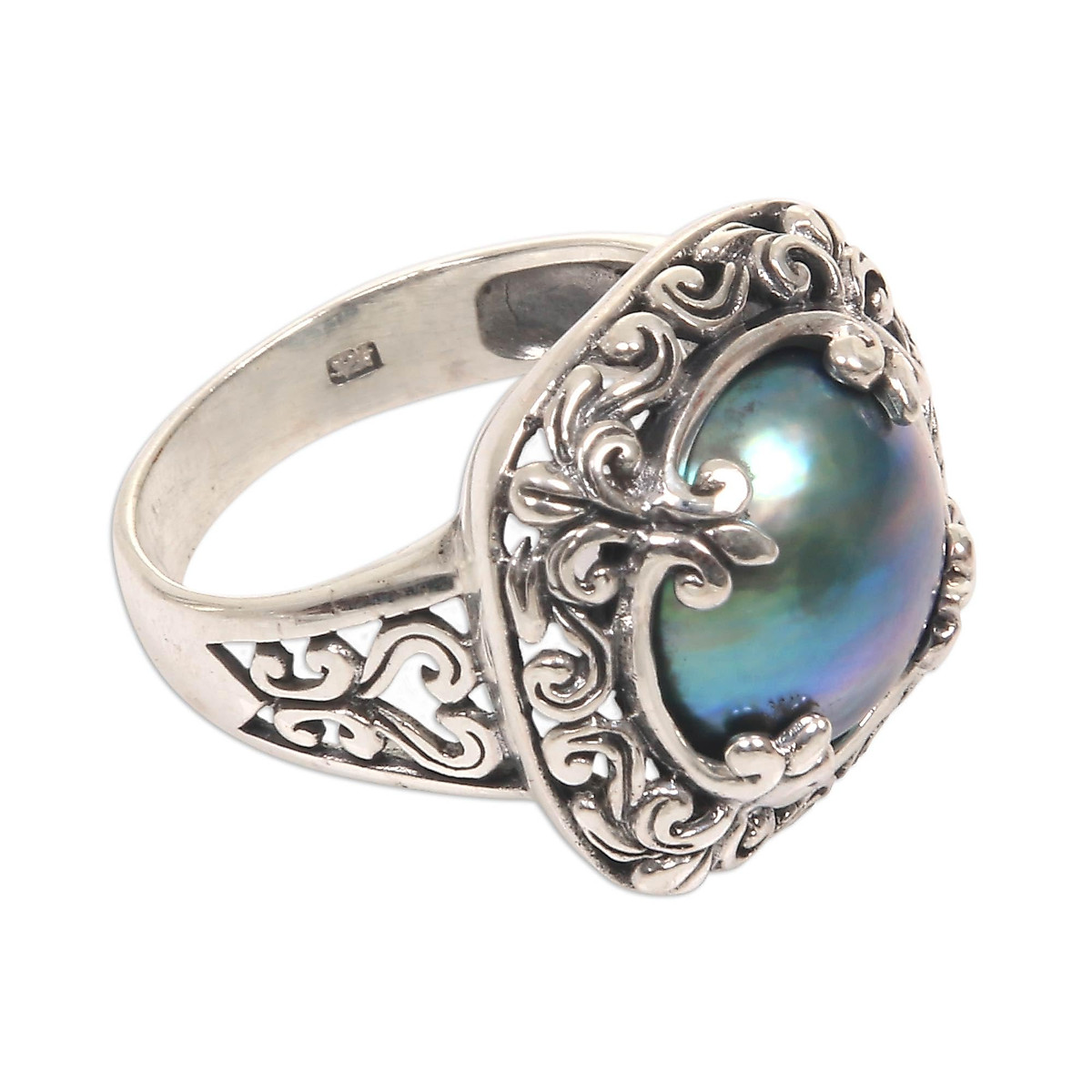 NOVICA Artisan Handmade Cultured Mabe Pearl Cocktail Ring Sterling Silver Floral Motif Blue Indonesia Birthstone [ring Front 0.7 in L x 0.7 in W x 0.4 in H Band Width 4 mm W] ' Blue Lunar'