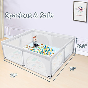 Baby Playpen with Mat, ALVOD 79''x71'' Baby Playard Baby Fence Play Area Extra Large Playpen for Babies and Toddlers, Safety Baby Playpen with Anti-Slip Base, Play Yard Kids Activity Center Home, Gray
