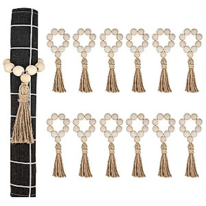 Wood Bead Napkin Rings Natural Wooden Beads Napkin Holders with Tassels Elastic Wooden Napkin Buckles for Christmas Farmhouse Wedding Home Table Decoration (6)