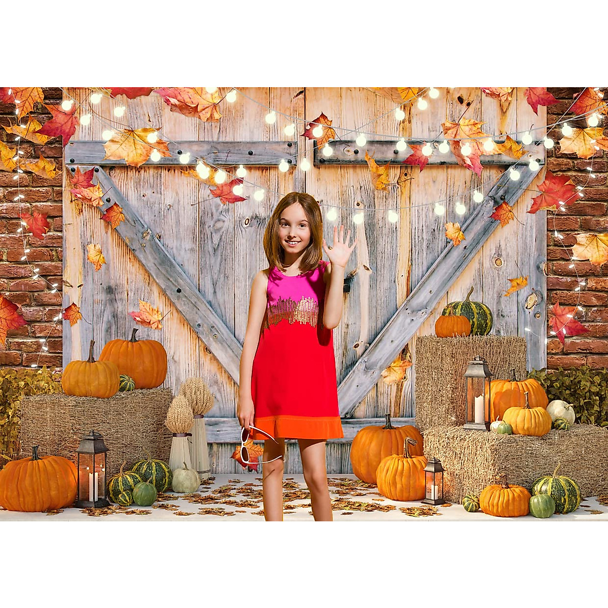 LYCGS 8X6FT Fall Thanksgiving Backdrop Autumn Pumpkin Harvest Barn Background Hay Maple Leaves Baby Shower Banner Supplies Photo Booth Prop X-53