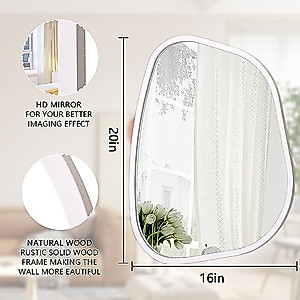 Irregular Oval Wall Mirror Large White 20"x16" Inches Asymmetrical Mirror Modern Wood Frame Unique Shape Wall Mounted Vanity Artistic Mirror Decor for Living Room Bedroom Bathroom Entryway Hallway