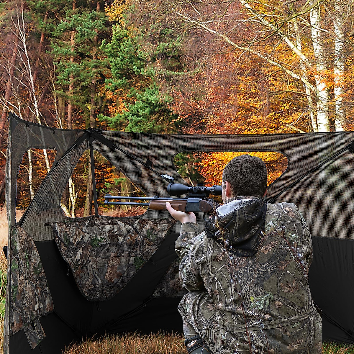 HAPPYGRILL Hunting Blind 2-Panel Pop Up Ground Hunting Blind with 3 Shoot Through Ports, Camo Concealment, Brush-in Loops, High Wind Stability, Easy-Setup Hunting Fence for Deer Turkey