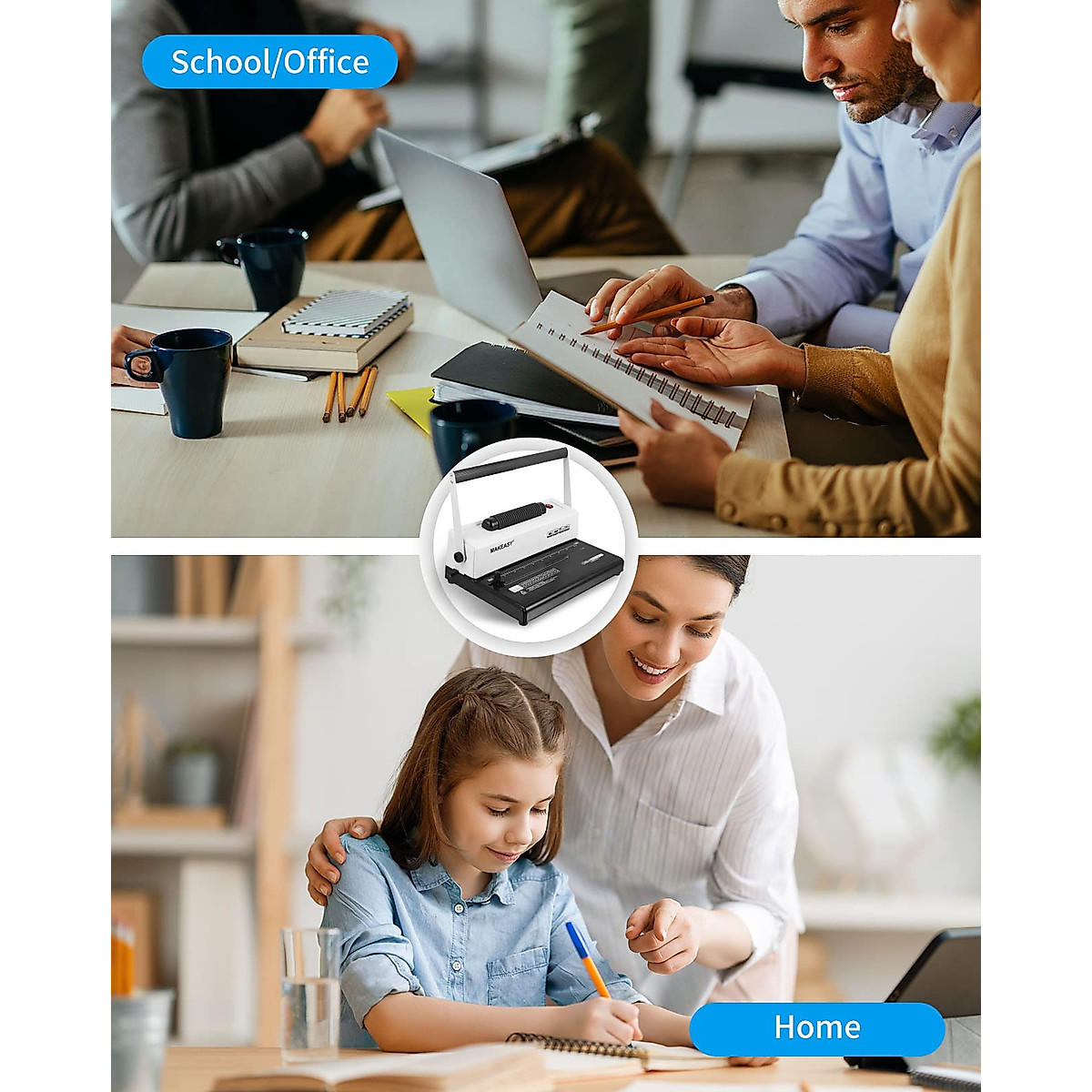 MAKEASY Coil Spiral Binding Machine - Manual Hole Punch - Electric Coil Inserter - Adjustable Side Margin - for Letter Size/A4/A5, Comes with 100pcs 5/16'' Plastic Coil Binding Spines & Plier