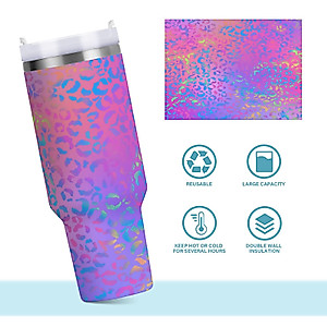 Bright Neon Leopard Tumbler with Handle and Straw Lid, Holographic Gradient 30 oz Insulated Coffee Cup Stainless Steel Water Bottle Travel Mug Cupholder Friendly,Gifts for Women Men