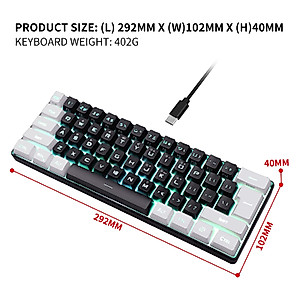 60% Wired Gaming Keyboard, RGB Backlit Ultra Compact Mini Keyboard, Waterproof Mini Compact 61-key Keyboard for PC/Mac Gamers, Typist, Travel, Easy Travel (Black & White)