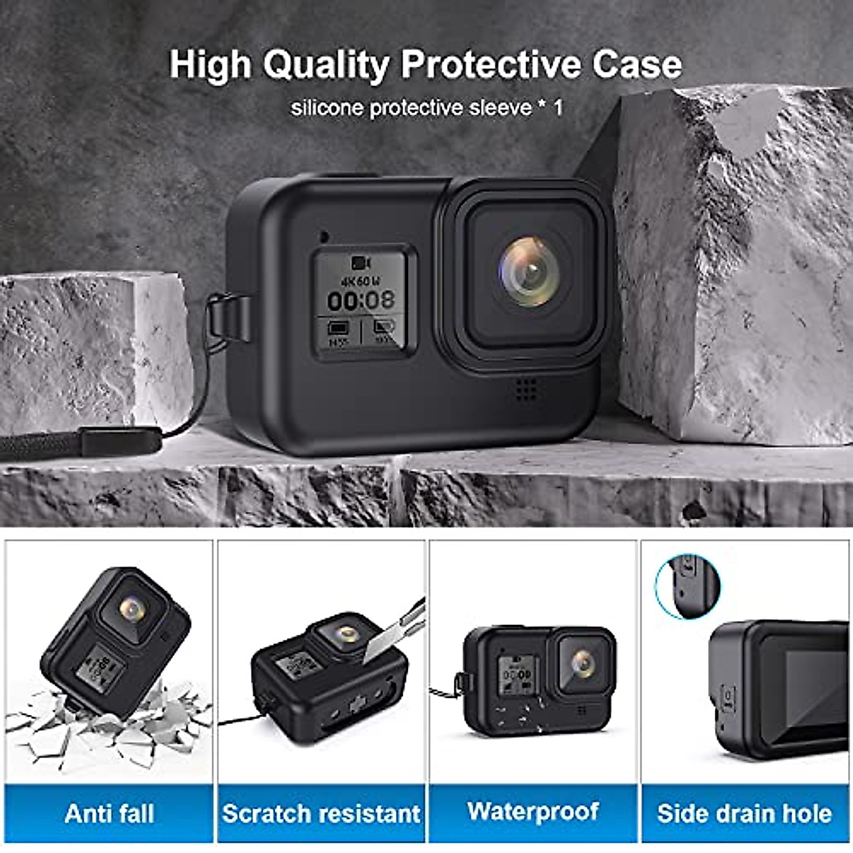 Accessories Kit for GoPro Hero 8 Black, Silicone Rubber Protective Case with Stretchable Lanyard + 6Pcs Ultra Clear Tempered Glass Screen Protector for Go Pro 8
