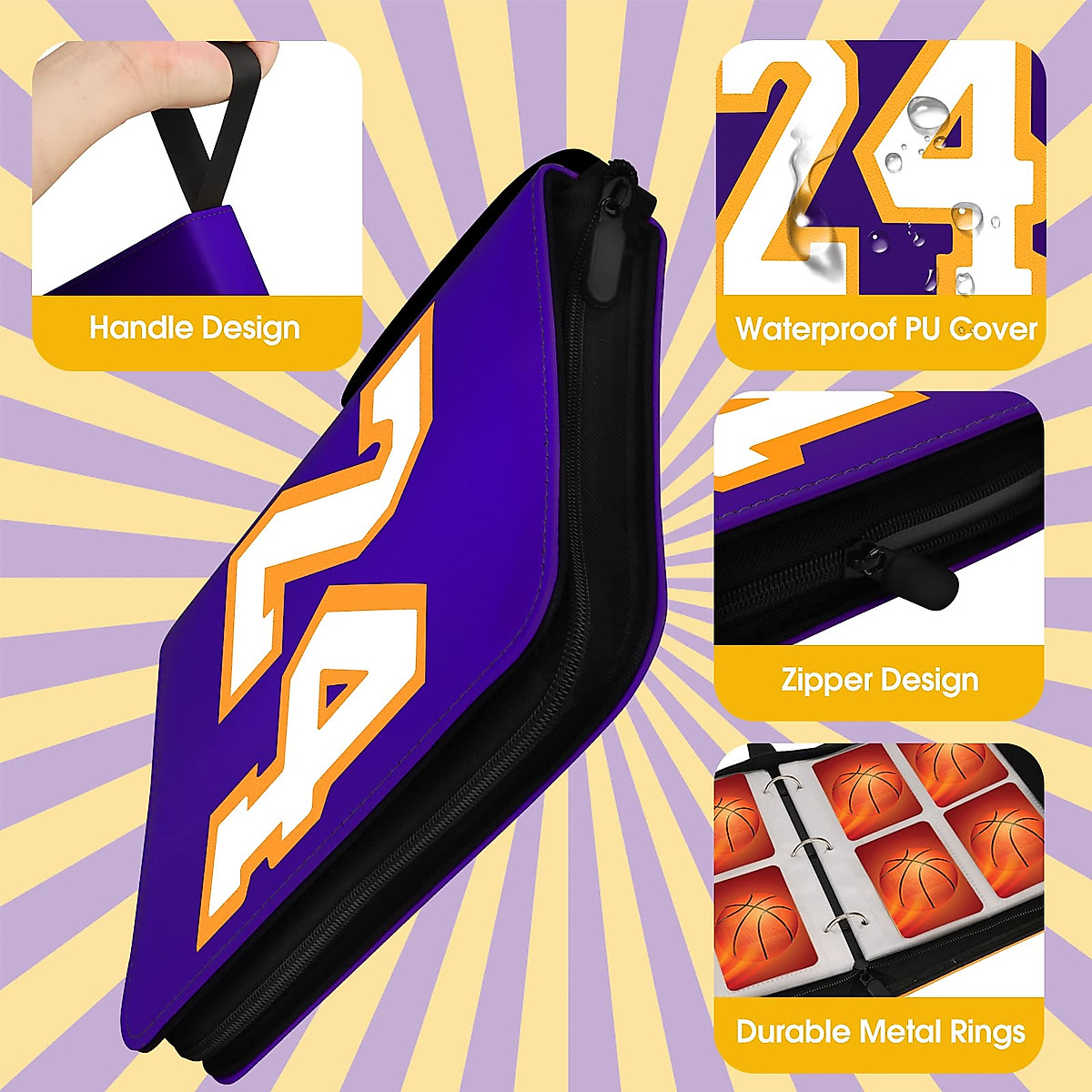 Basketball Card Binder 4 Pocket, 8#24 Sports Trading Card Holder with 50 Removable Sleeves Fits 400 Cards, Basketball Card Collection Album Storage Case Book Protectors for Kids Gift (Purple)