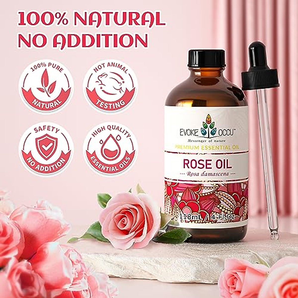 EVOKE OCCU Rose Essential Oil 4 Oz, Premium Rose Oil for Diffuser Fragrance DIY Candle Soap Making-120ml