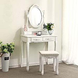 The Urban Port Ren 30-Inch 3-Piece Vanity Desk Set with Rotating Mirror and Matching Stool, 4 Drawers, Solid Wood, Pure White