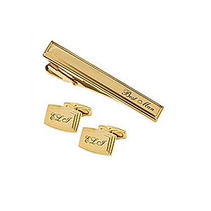 Personalized Gold Beveled Edge Cufflinks & Tie Clip Set Monogram Custom Engraved Free - Ships From USA