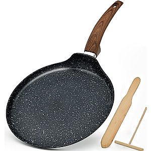 Crepe Pan Nonstick with Spreader Spatula, 11'' Granite Stone Coating Dosa Tawa Pan, Flat Skillet Grill for Tortilla, Omelette, Pancake Induction Bottom Glass, Ceramic, Gas Stove Top, Wooden Handle
