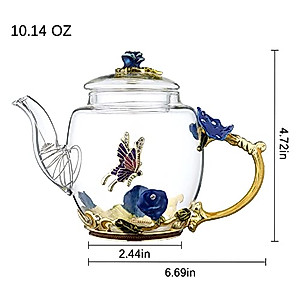 Safe Durable Floral Glass Teapot with Gold Leaves Edge Colourful Flower Pattern Floral Vintage Teapot Tea Party Set (Blue)