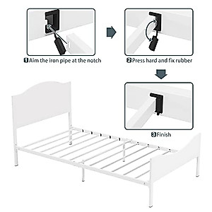 Timy Kids Twin Bed Frame with Wooden Headboard and Footboard, Metal Platform Bed Frame for Boys Girls Teens Adults, Modern Kids Bed Furniture, No Box Spring Needed, White