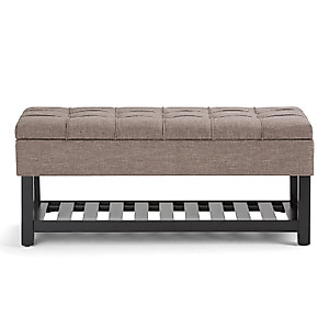 SIMPLIHOME Saxon 43 Inch Wide Transitional Rectangle Storage Ottoman Bench in Fawn Brown Linen Look Fabric, For the Living Room and Bedroom